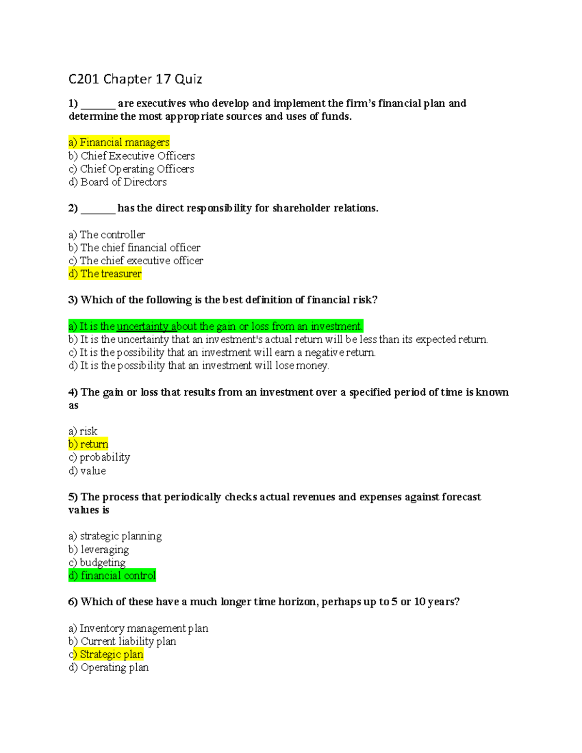 C201 Chapt 17 Quiz - Chpt 17review quiz - C201 Chapter 17 Quiz ...