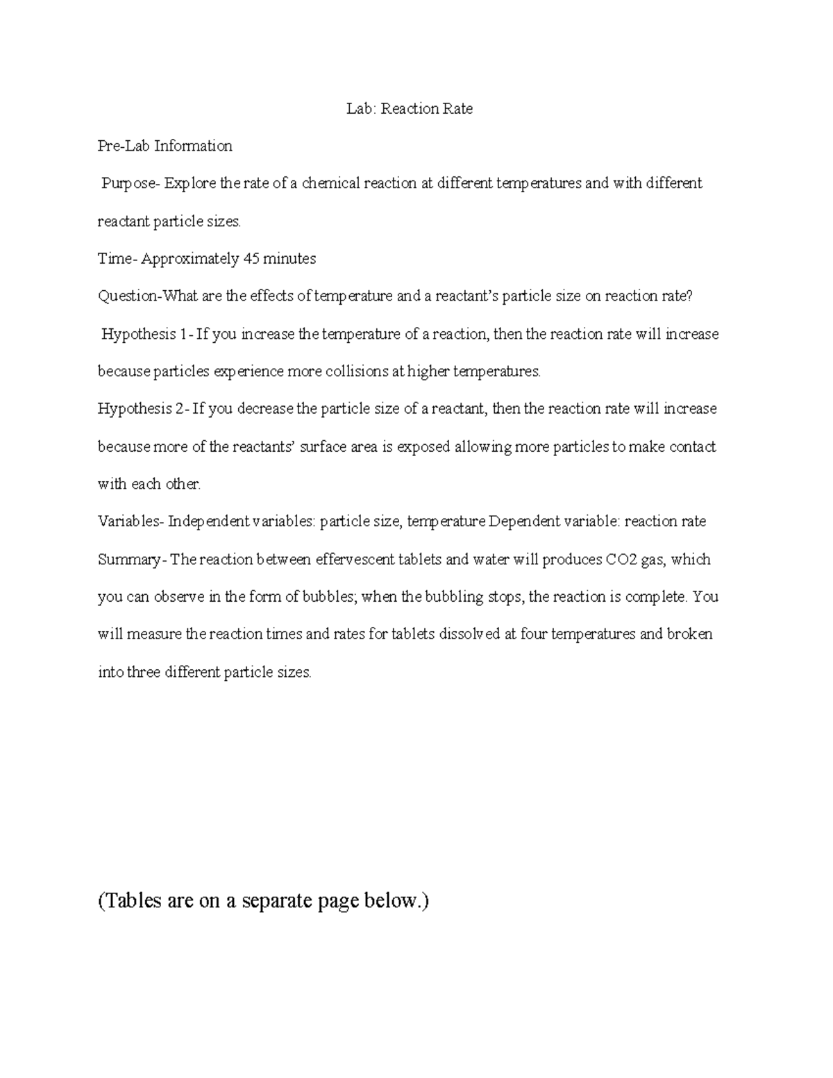 Lab Reaction Rate - Lab: Reaction Rate Pre-Lab Information Purpose ...
