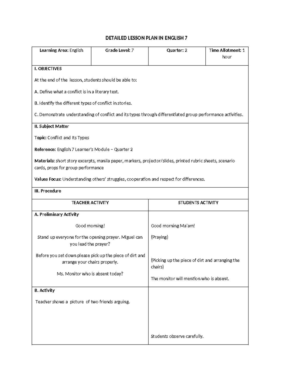Detailed Lesson Plan: Conflict Types in English 7 - Studocu