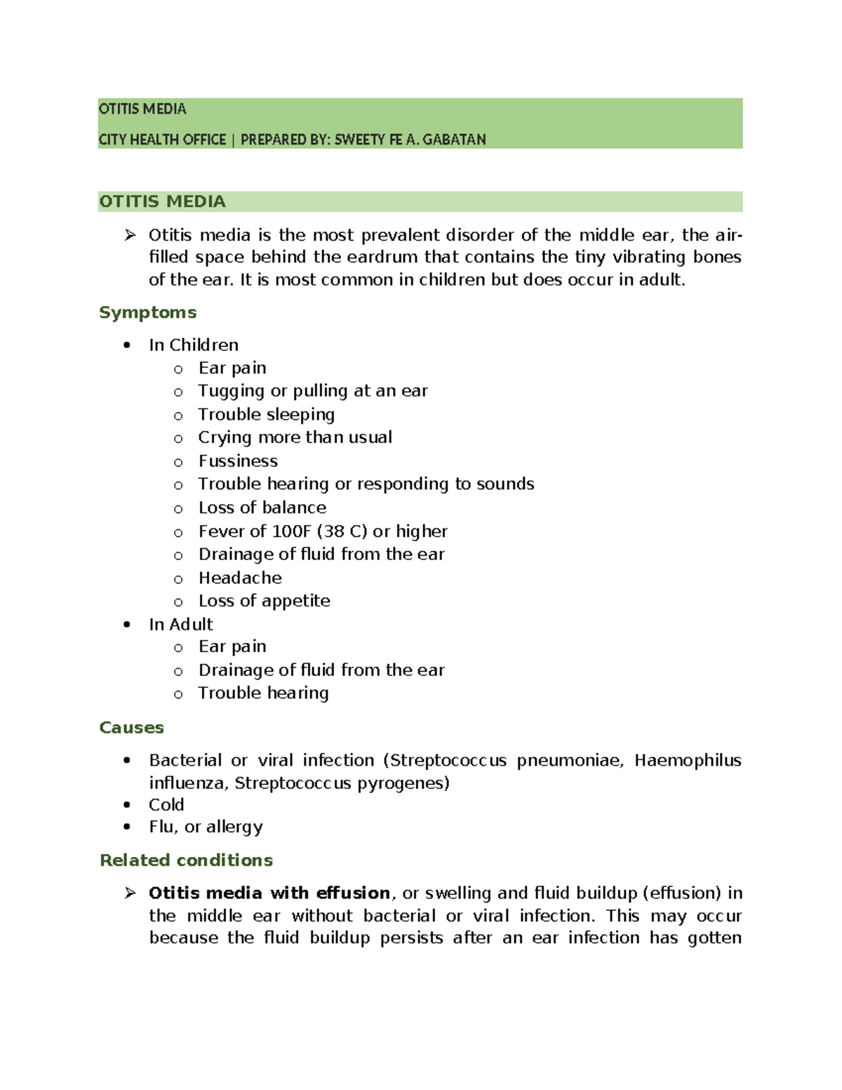 Otitis Media - OTITIS MEDIA CITY HEALTH OFFICE | PREPARED BY: SWEETY FE ...
