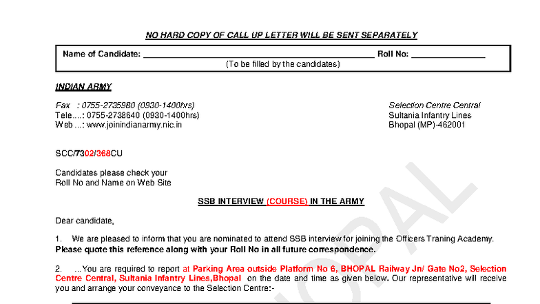 CALL UP LETTER FOR SSB INTERVIEW - OTA 159 COURSE (SCC-7302-368CU ...