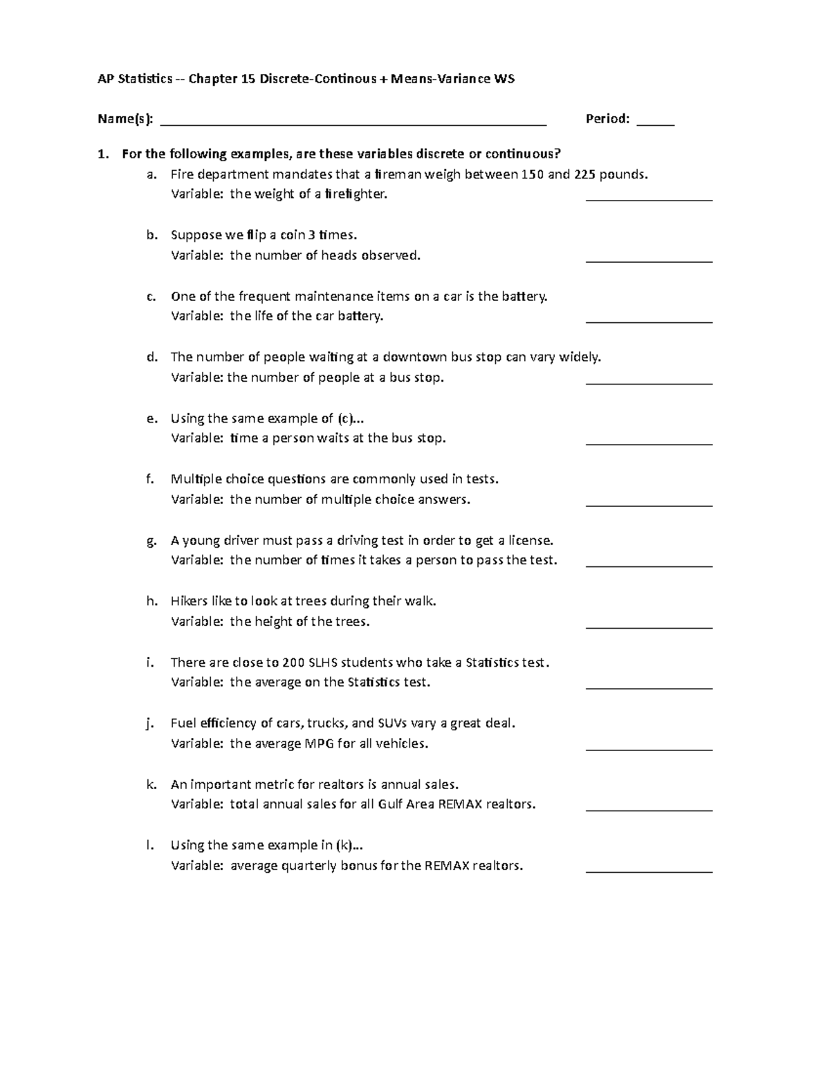 Ch 15 Discrete-Continuous Means-Variance - AP Sta s cs - Chapter 15 ...