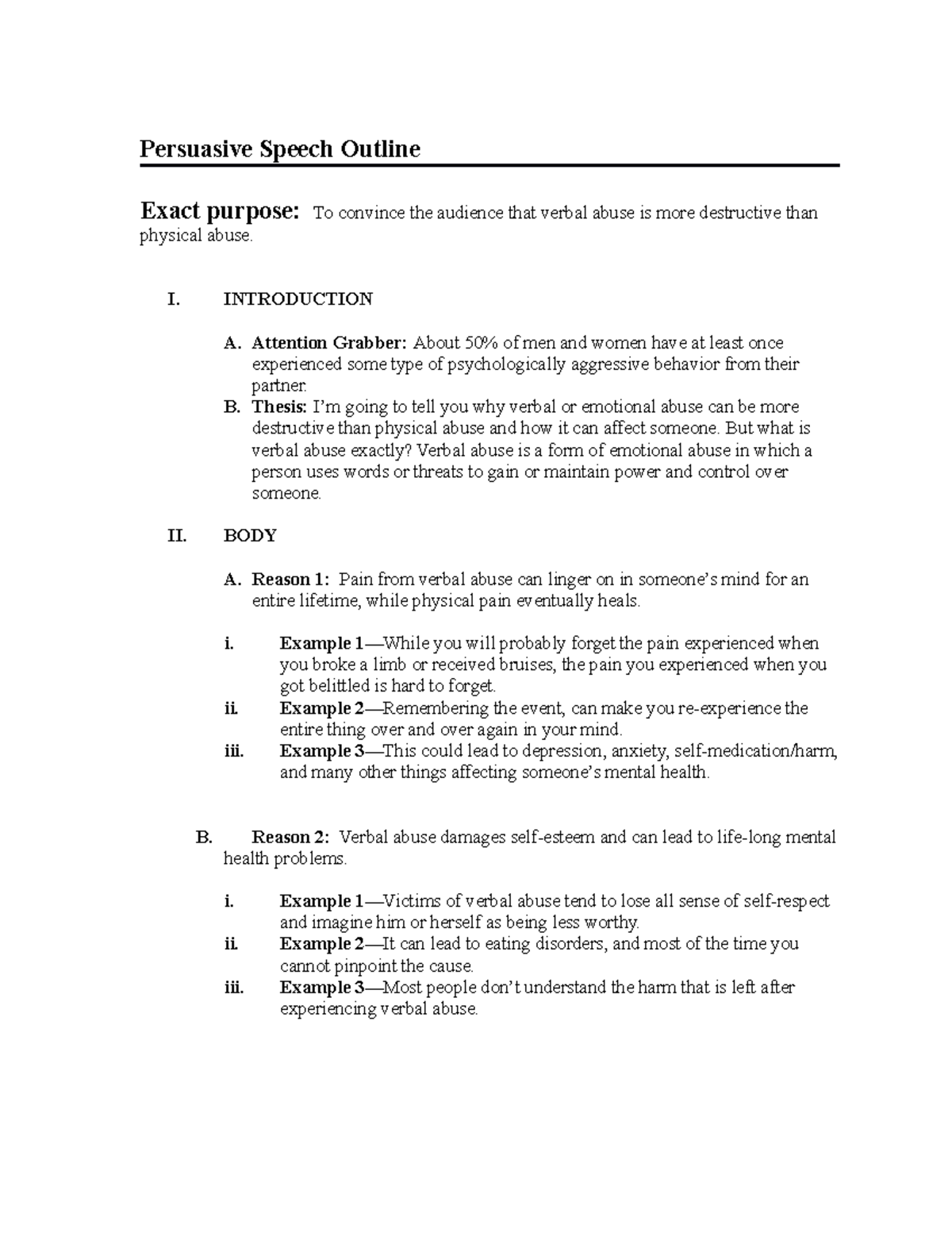 Persuasive Speech Outline: Verbal vs. Physical Abuse Analysis - Studocu