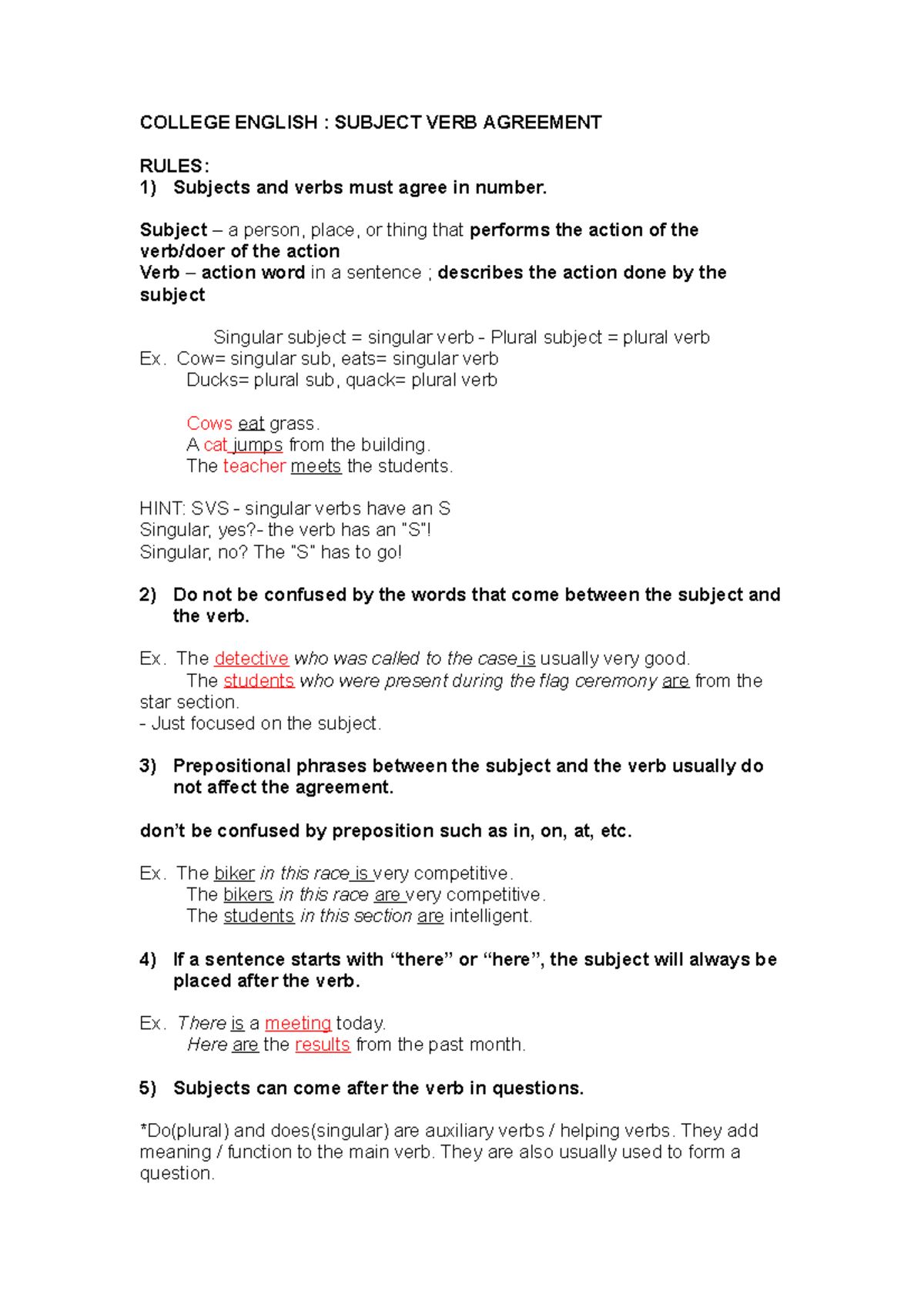 SUB-VERB- Agreement Notes - English 1 - OLFU - Studocu