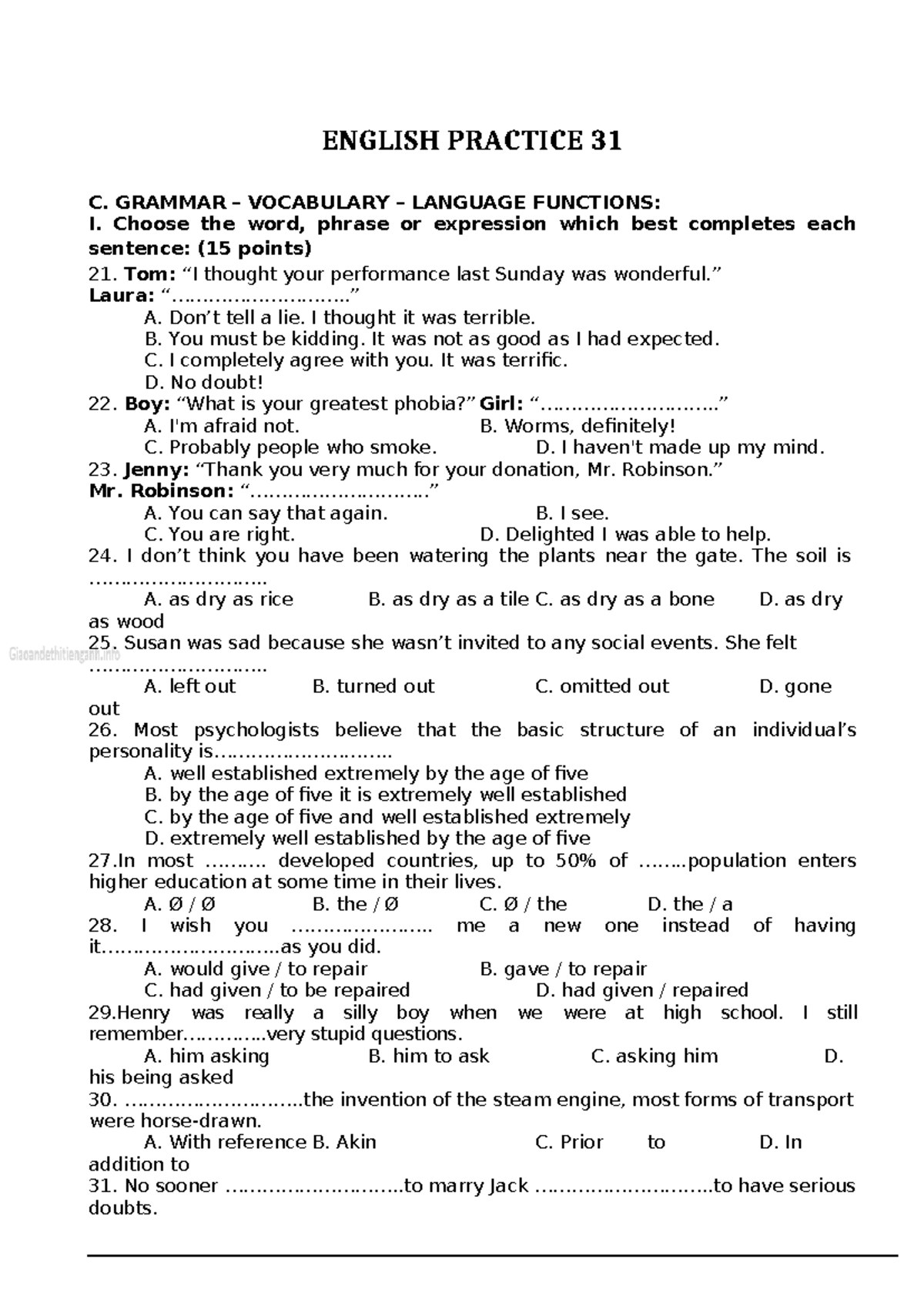 ENGLISH PRACTICE 31 C: GRAMMAR, VOCABULARY & LANGUAGE FUNCTIONS - Studocu