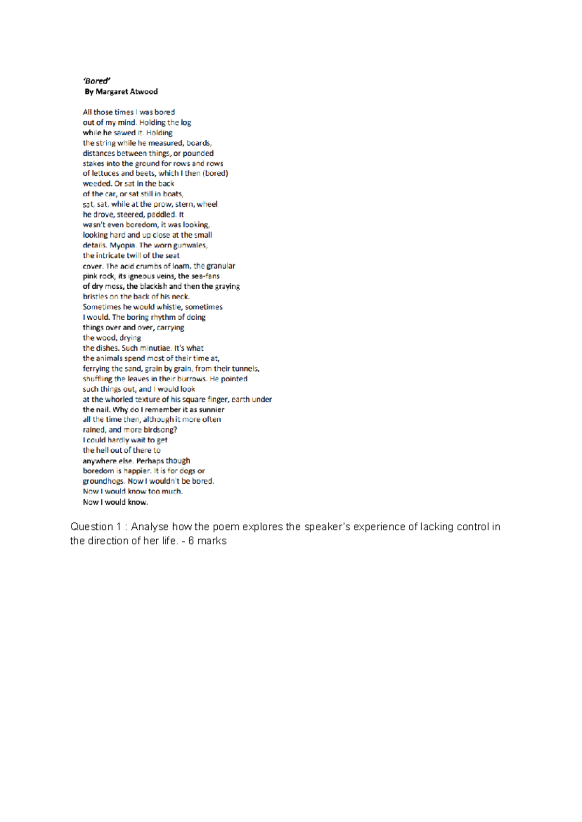 English poetry unseen questions year 10 - Question 1 : Analyse how the ...