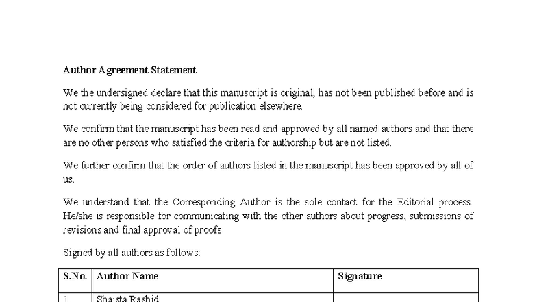 Authors Agreement Statement - Original Manuscript Confirmation - Studocu