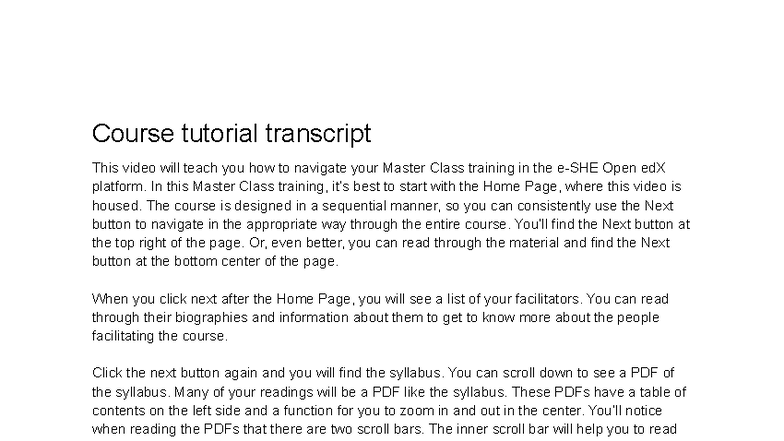 Transcript - Master Class Course Navigation (e SHE) - Studocu