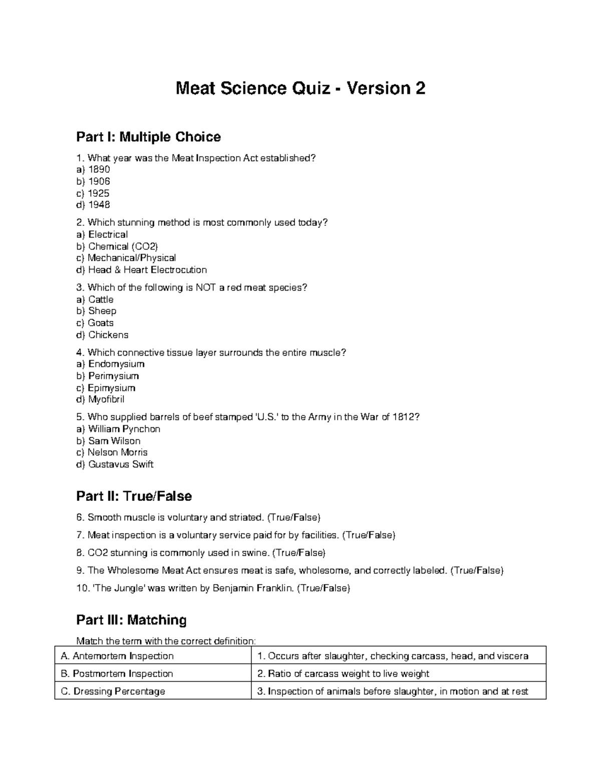 Meat Science Quiz V2: MC Questions & Matching Section - Studocu