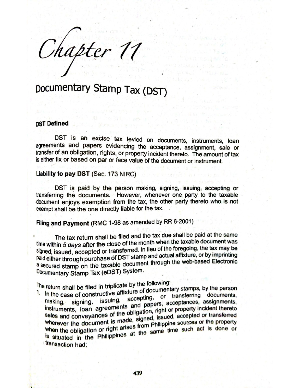 Chapter 11: Documentary Stamp Tax (DST) Overview and Compliance Guide - Studocu