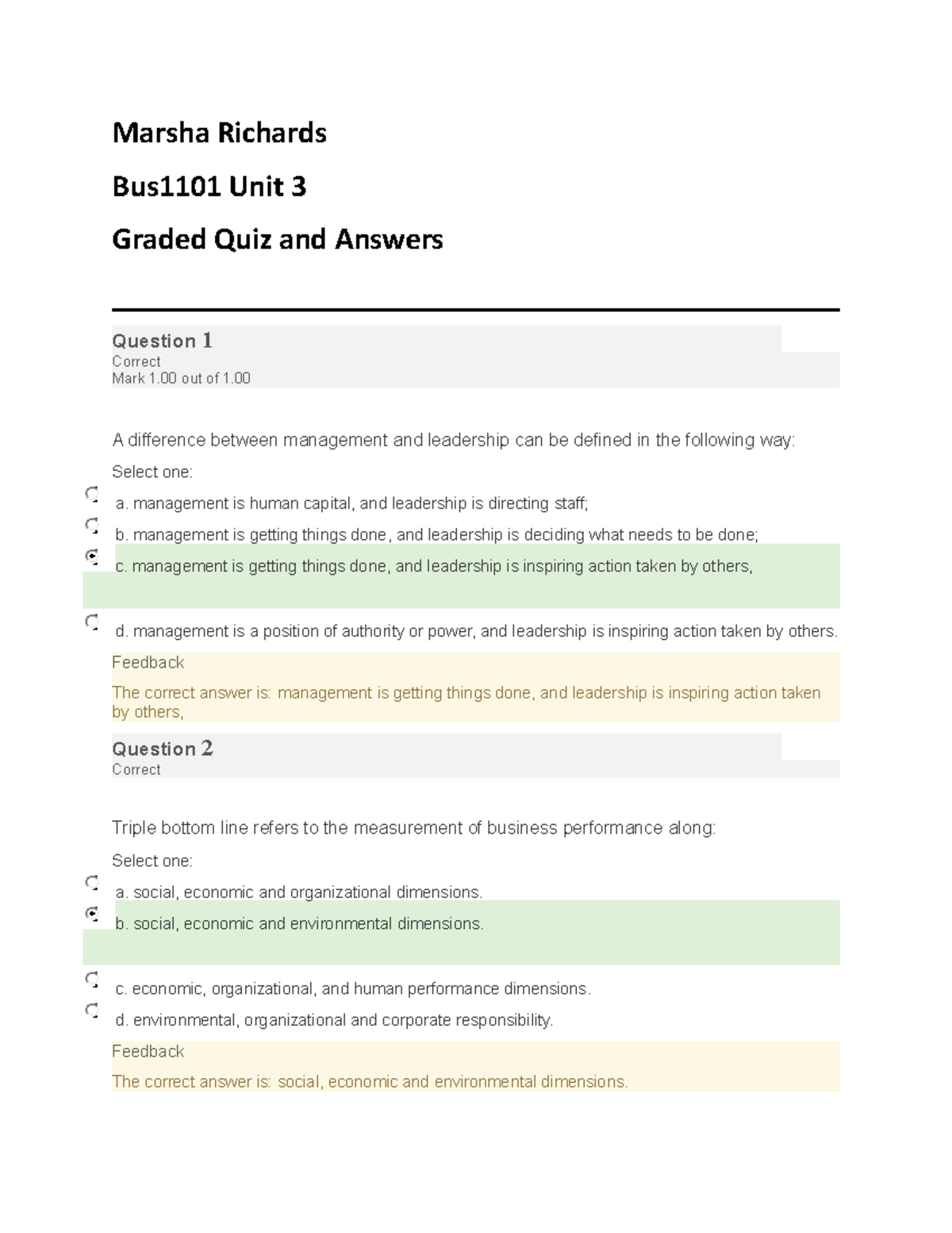 Bus1101 Graded Quiz Unit 3 with Detailed Answers - Studocu