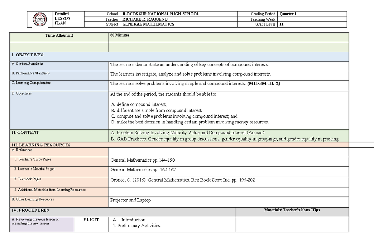 General Math Lesson Plan with GAD Integration for Grade 11 - Studocu