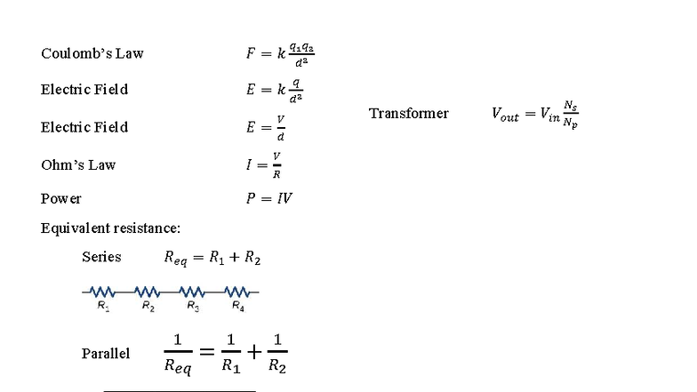 PHYS 1110 Exam 3 equations - Coulomb’s Law 𝐹 = 𝑘 𝑞 1 𝑞 2 𝑑 2 Electric ...