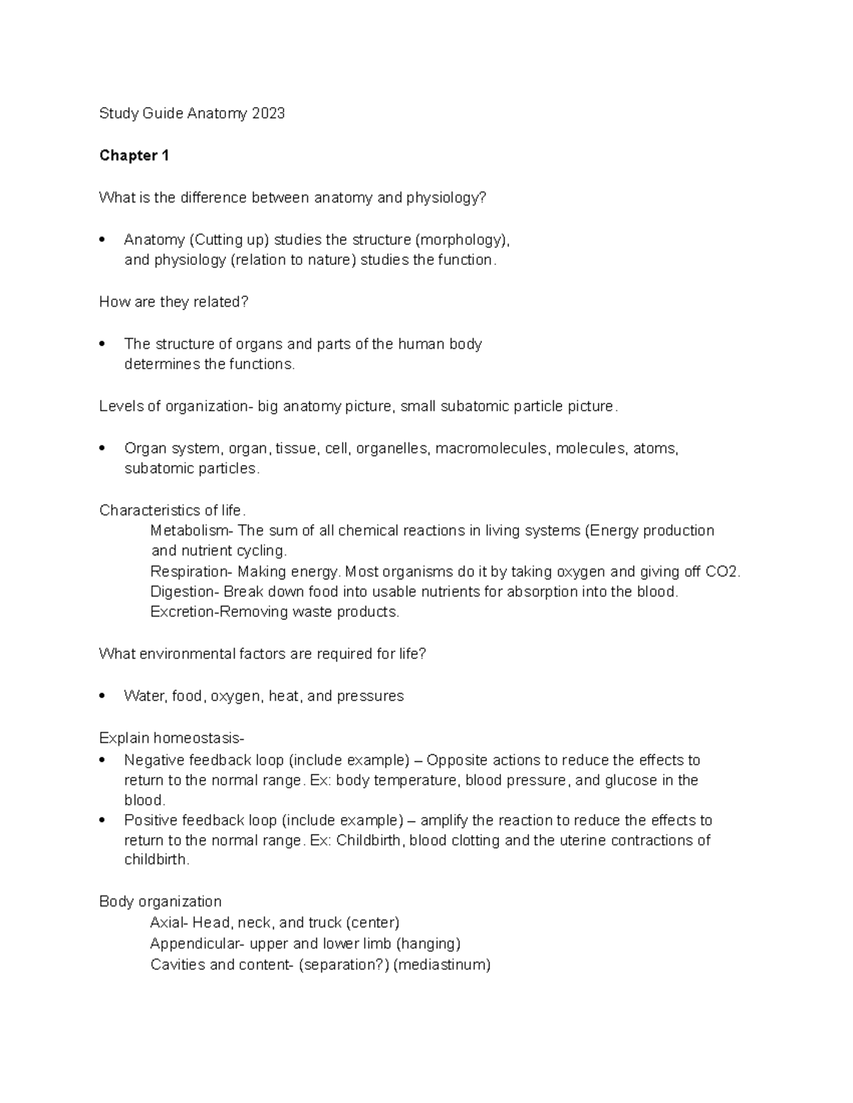 ANAT 2023 Midterm Study Guide: Key Concepts in Anatomy & Physiology ...