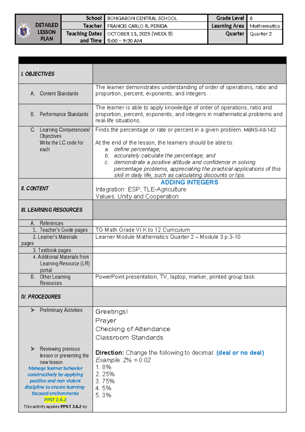 Percentage Lesson Plan (Grade 6, Quarter 2) - BCS - Studocu