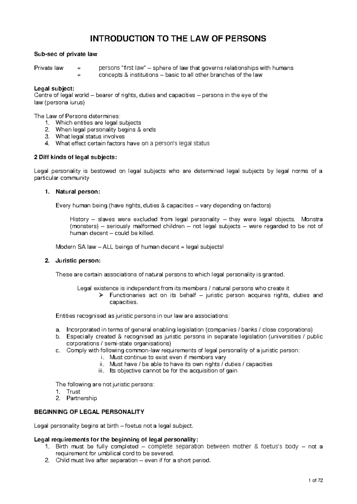Law of persons - Notes - Law of persons STUDY THEME OUTCOMES: (1 ...