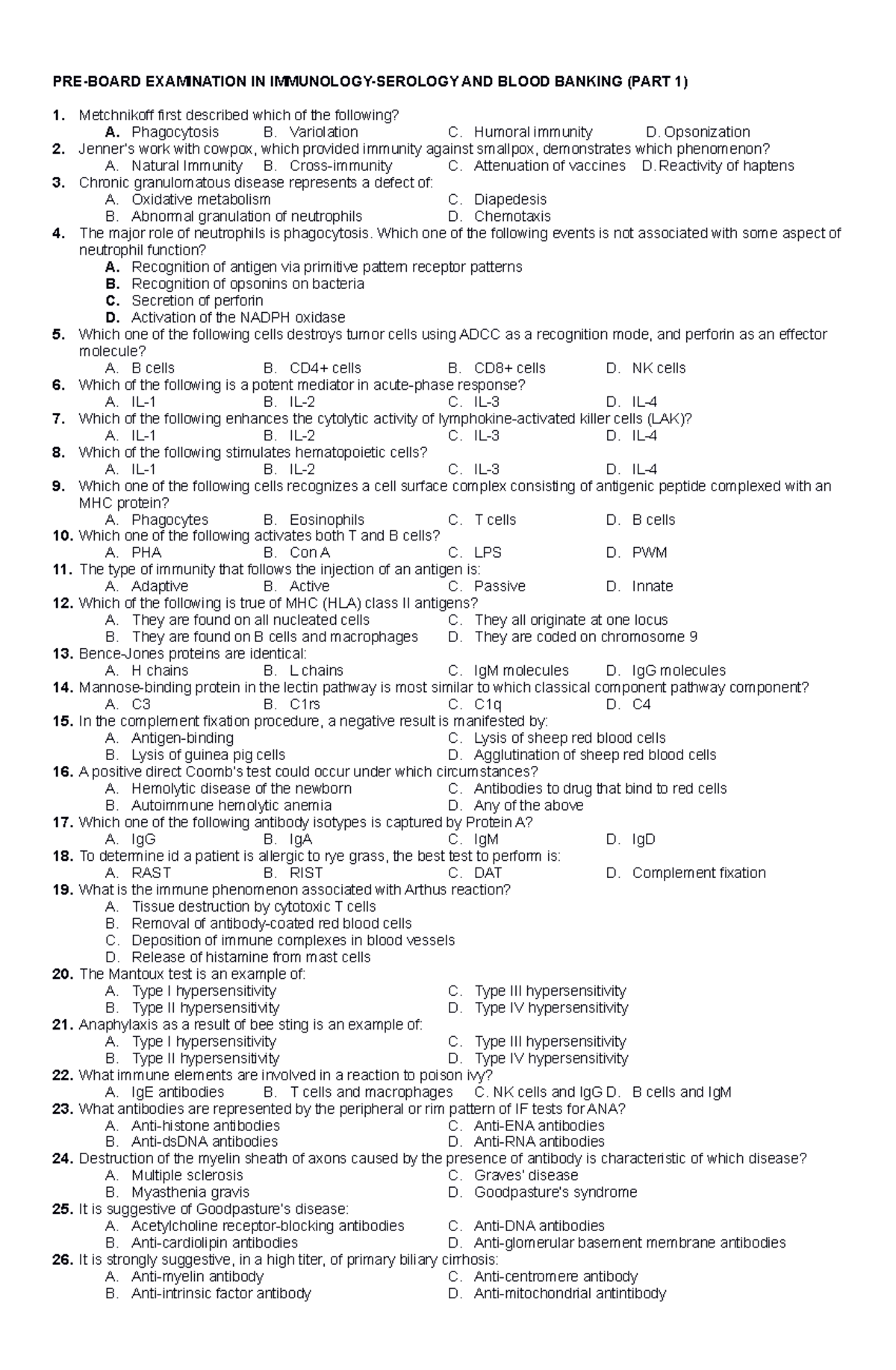 Part1ISBB - ISBB practice questions - PRE-BOARD EXAMINATION IN IMMUNOLOGY-SEROLOGY AND BLOOD ...