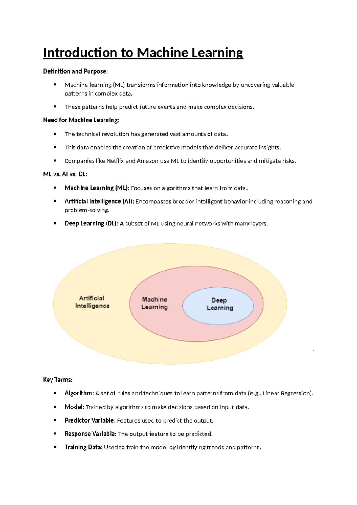 Machine Learning Unit 1: Definition, Purpose, and Key Concepts - Studocu