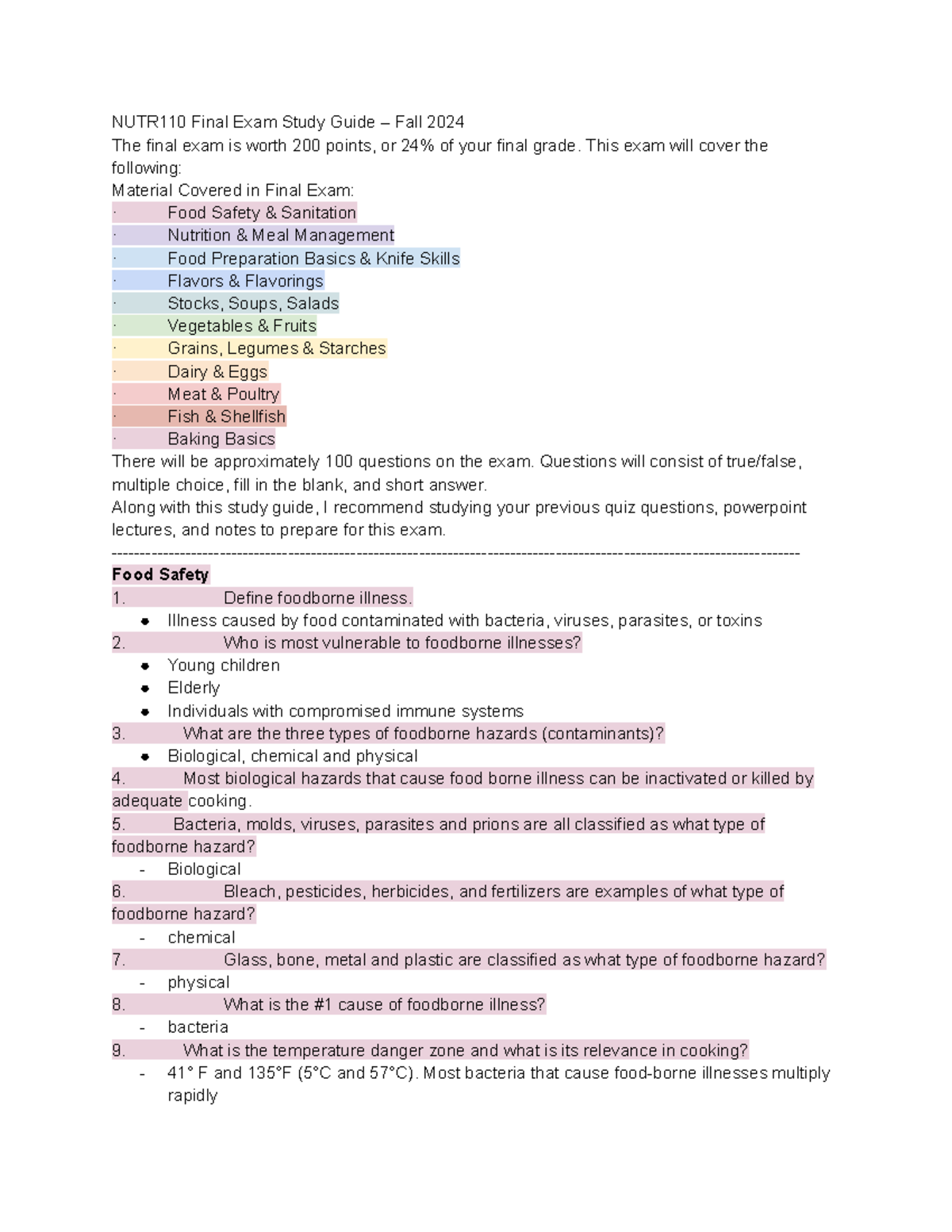 NUTR110 Final Exam Study Guide – Key Concepts for Fall 2024 - Studocu
