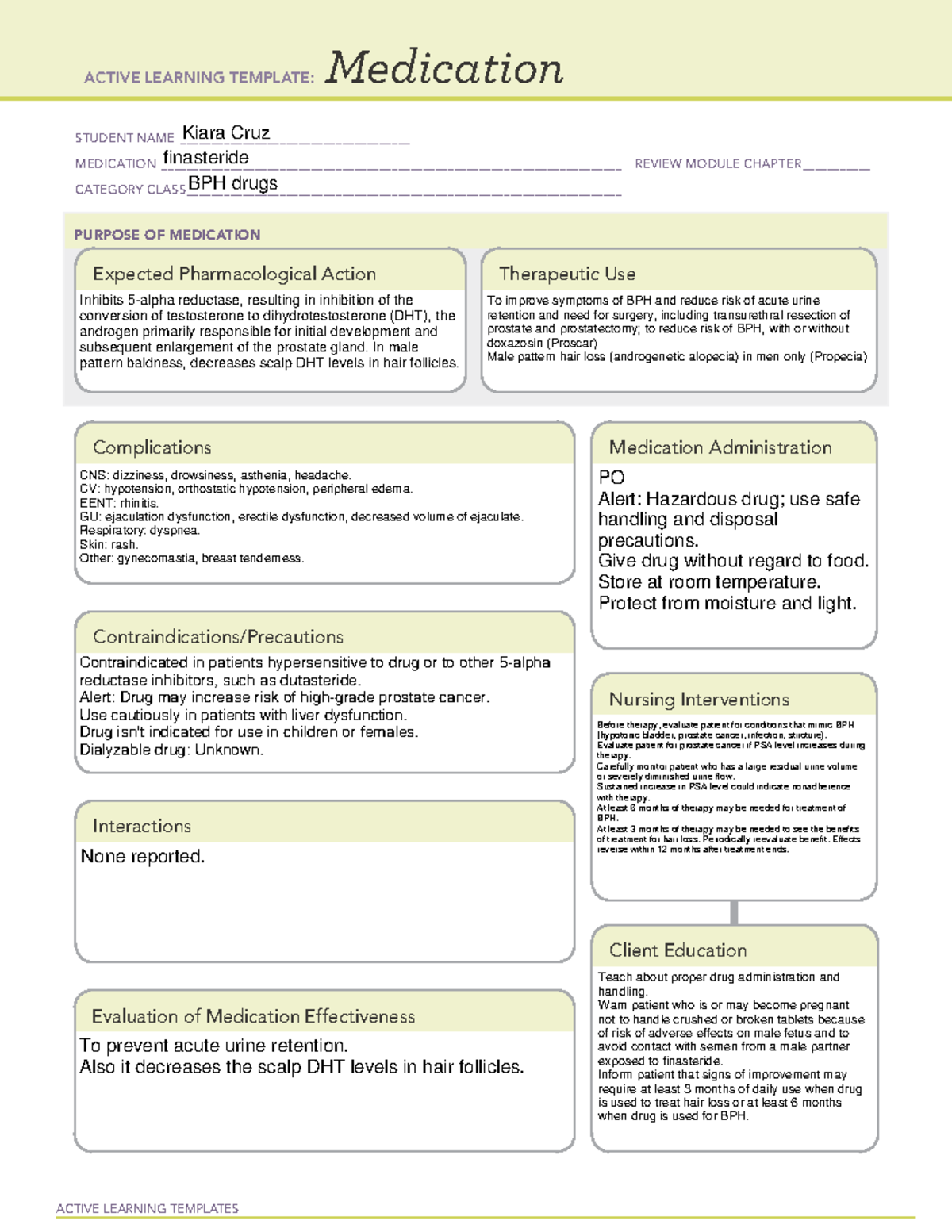 Finasteride (BPH) Medication Active Learning Template Notes - Studocu