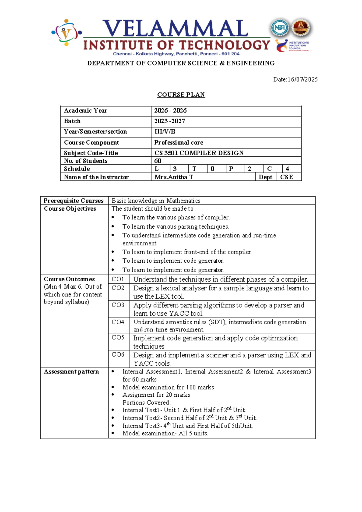 CS 3501 Compiler Design Course Plan - Academic Year 2026 - Studocu