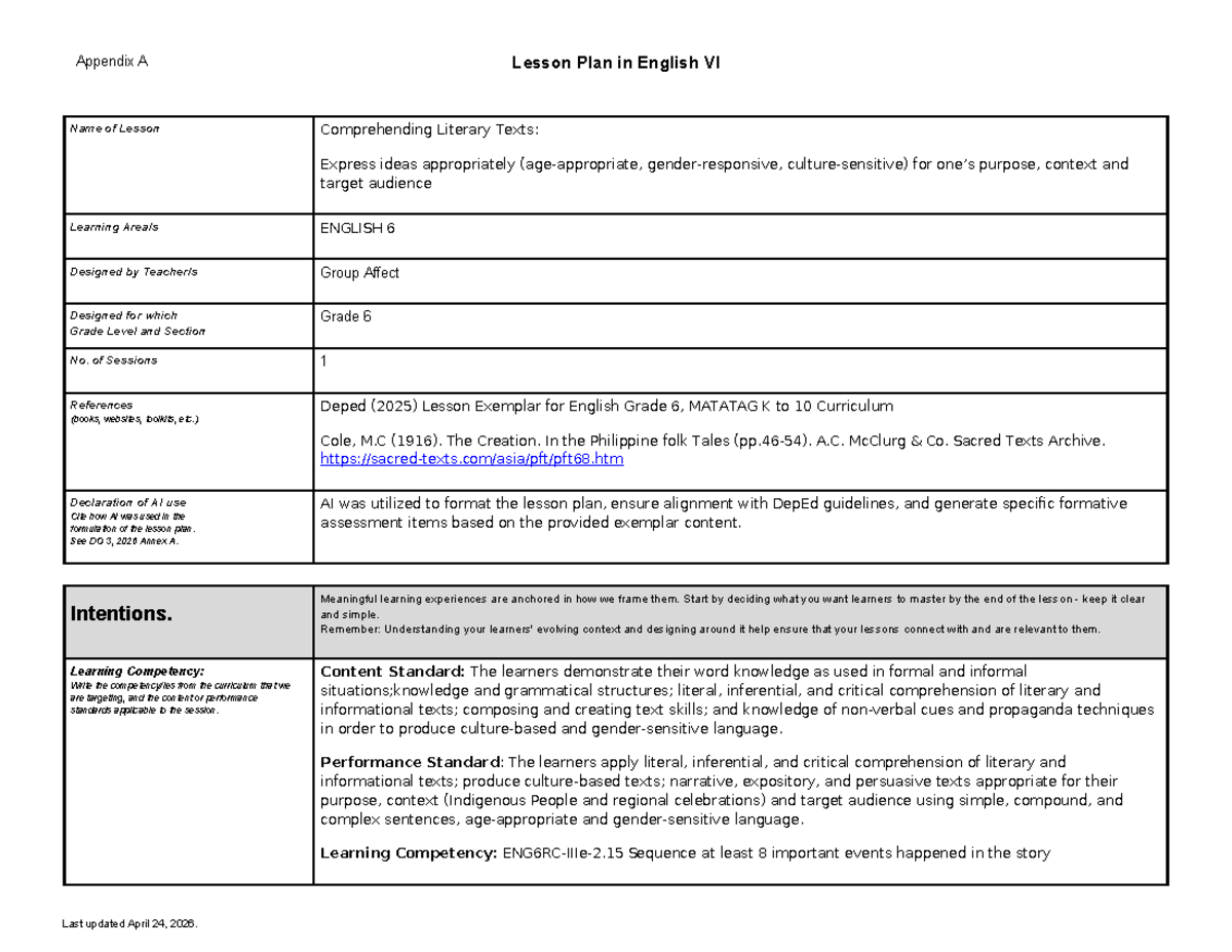 English VI Lesson Plan: Comprehending Literary Texts for Grade 6 - Studocu