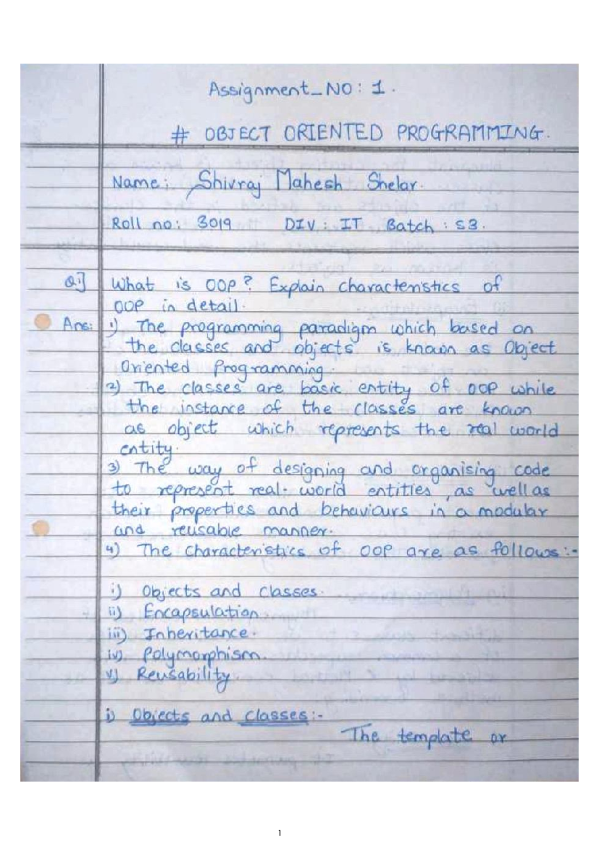 OOP Assignment 1: Characteristics and Concepts Explained - Studocu