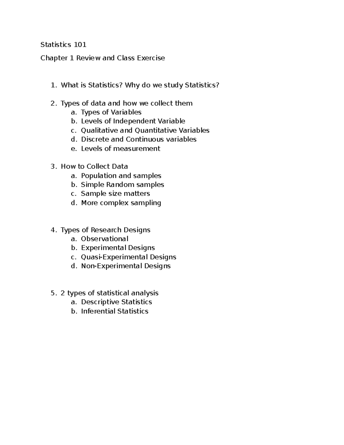 Statistics 101: Week 1 Chapter 1 Review & Class Exercise - Studocu