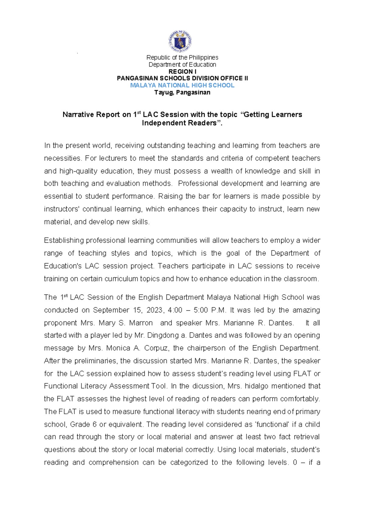 1st LAC Session Narrative Report - Malaya National HS - Studocu