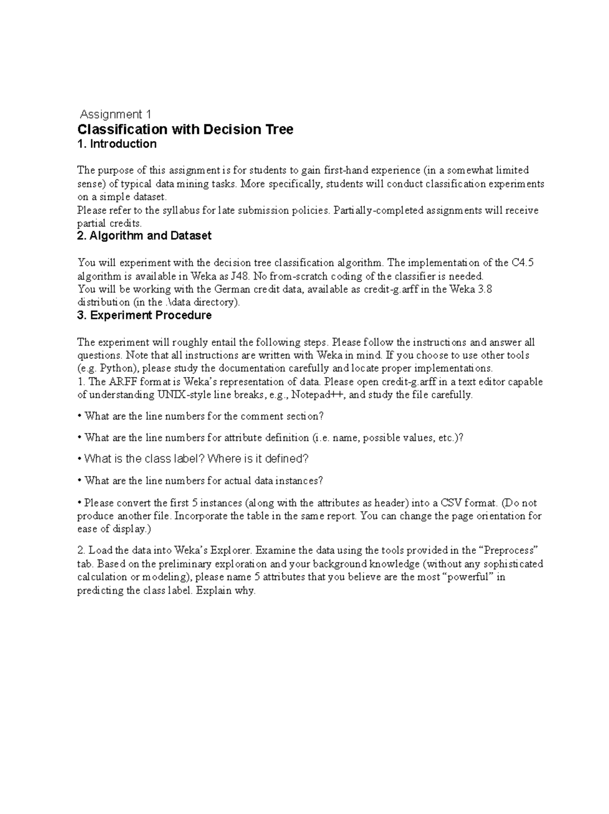 Assignment 1: Classification with Decision Trees Using WEKA - Studocu