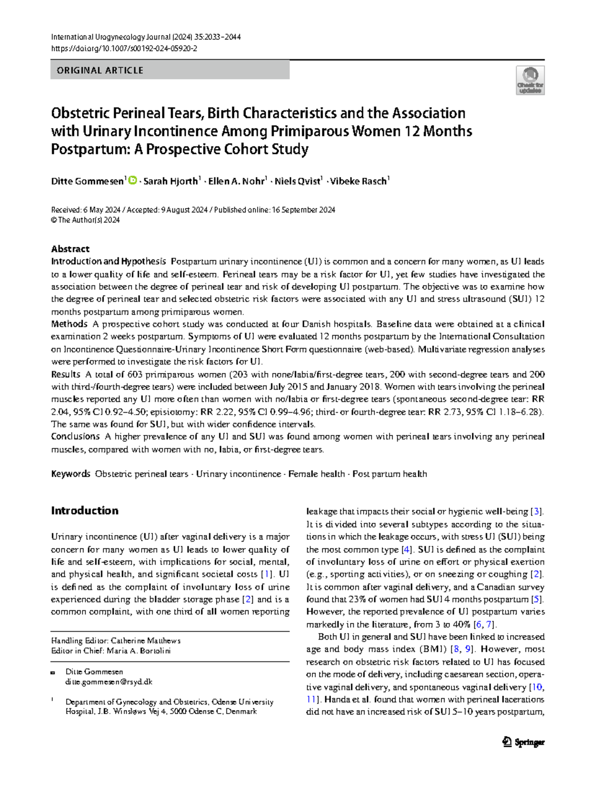 Obstetric Perineal Tears and Urinary Incontinence: A Cohort Study (2024 ...