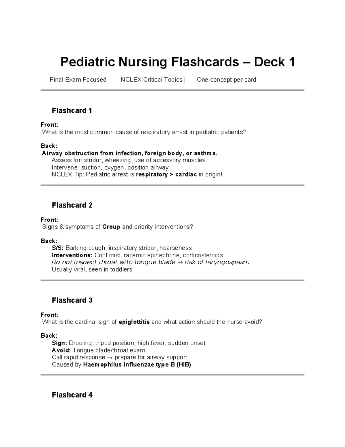 Pediatric Nursing Flashcards: NCLEX Final Exam Critical Topics Review ...