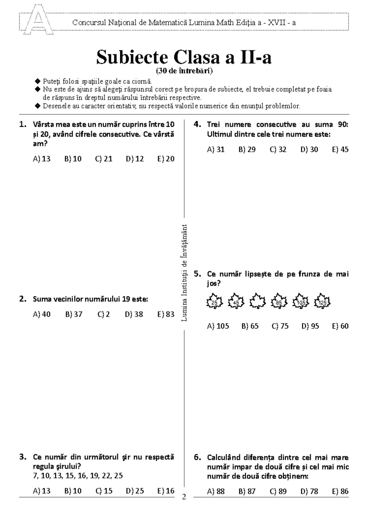Concurs Național de Matematică Lumina Math 399666166 - Clasa a II-a - Studocu