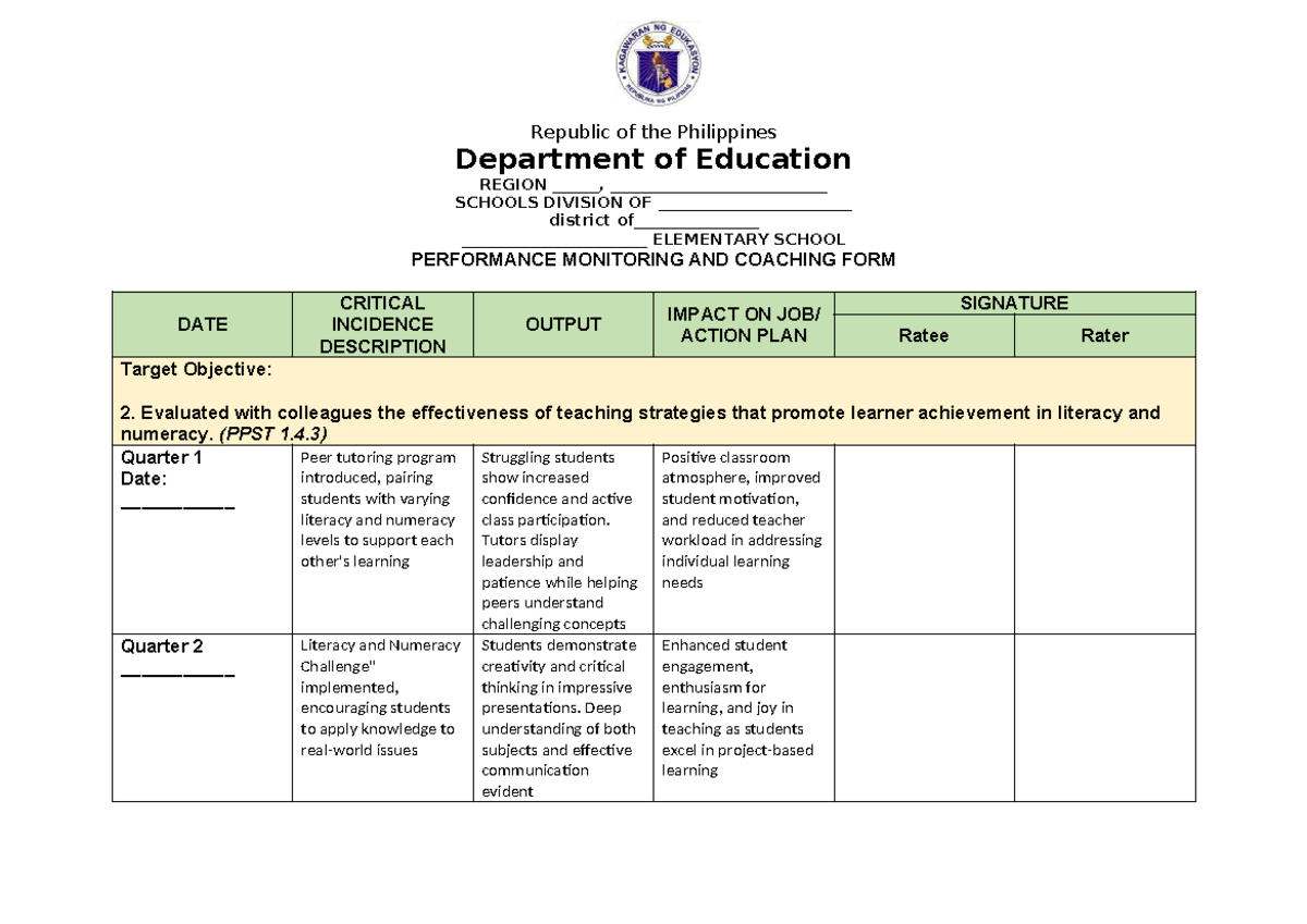 Performance Monitoring and Coaching Form (PMCF) Q1-Q4 Annotations - Studocu