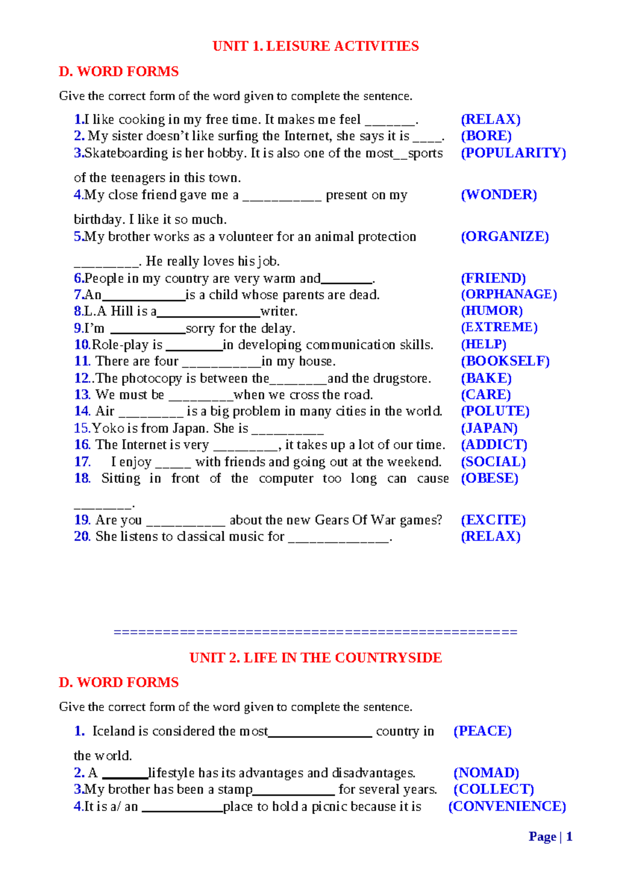 UNIT 1-6. WORD FORMS EXERCISES AND ANSWERS - Studocu