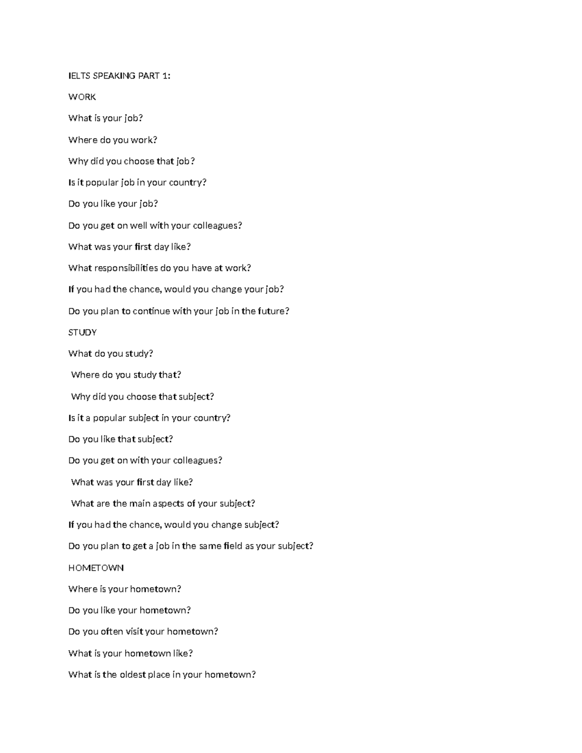 IELTS Speaking Part 1 - Sample Questions & Transcripts - Studocu