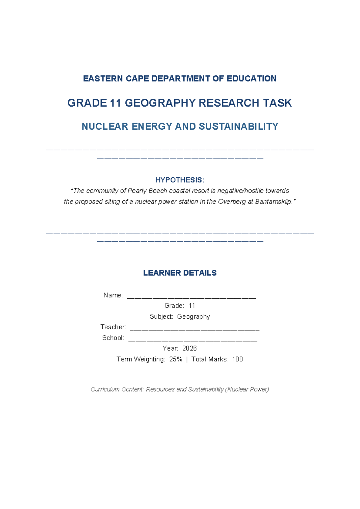 Grade 11 Geography Research Task: Nuclear Energy & Community Impact ...