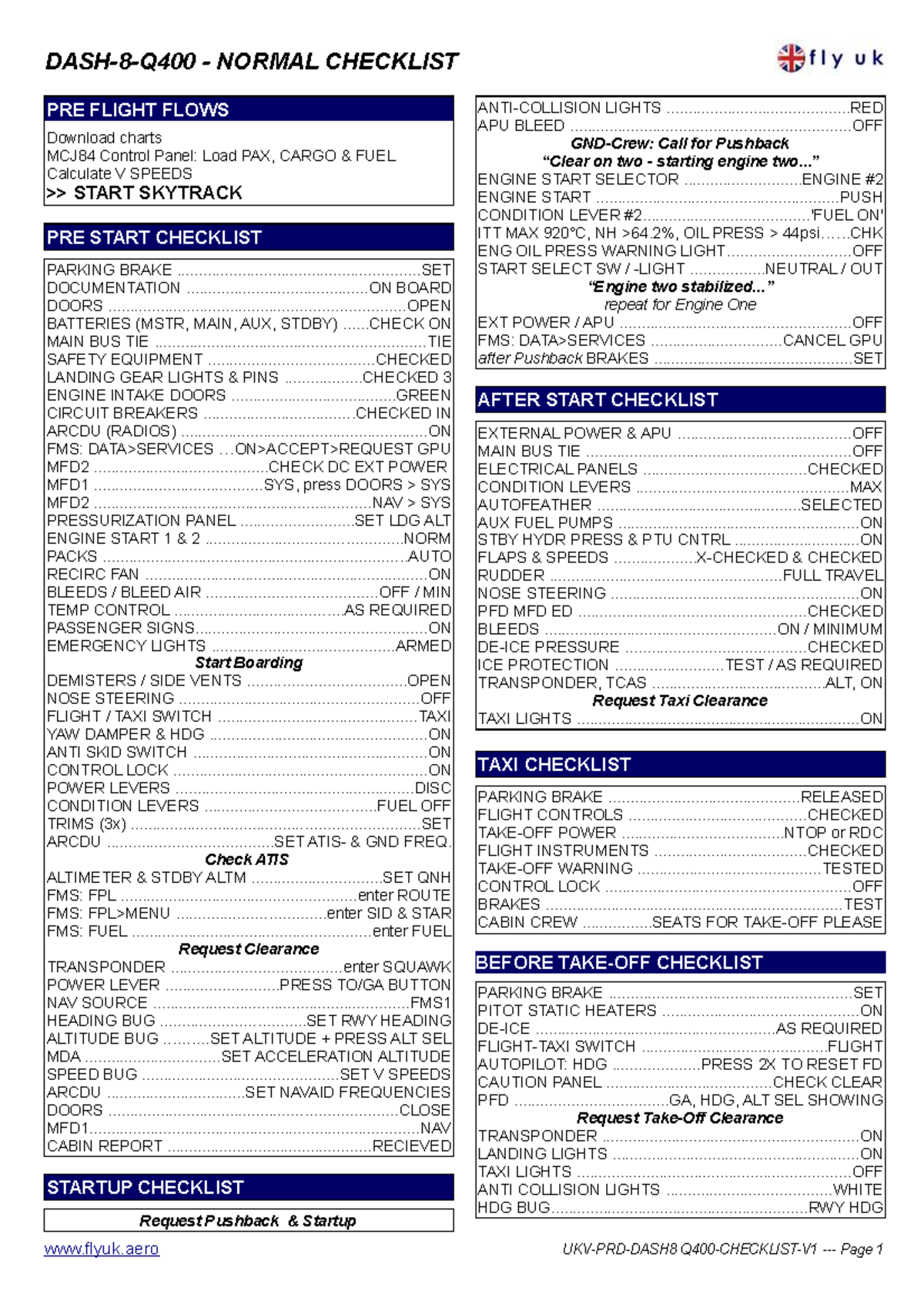 UKV-PRD-DASH8 Q400 Pre-Flight and Taxi Checklist V1 - Studocu