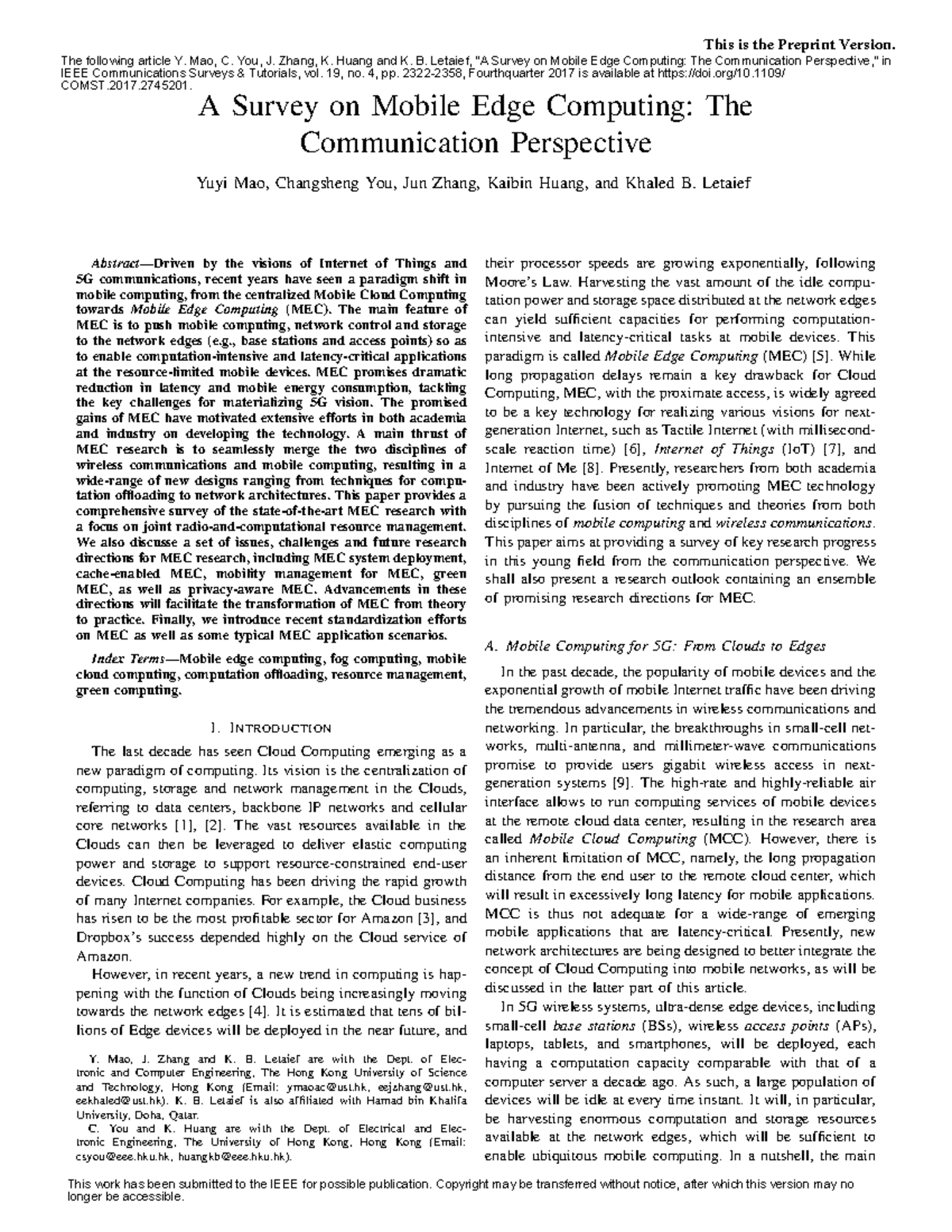 Survey on Mobile Edge Computing: Communication Perspectives (COMST ...