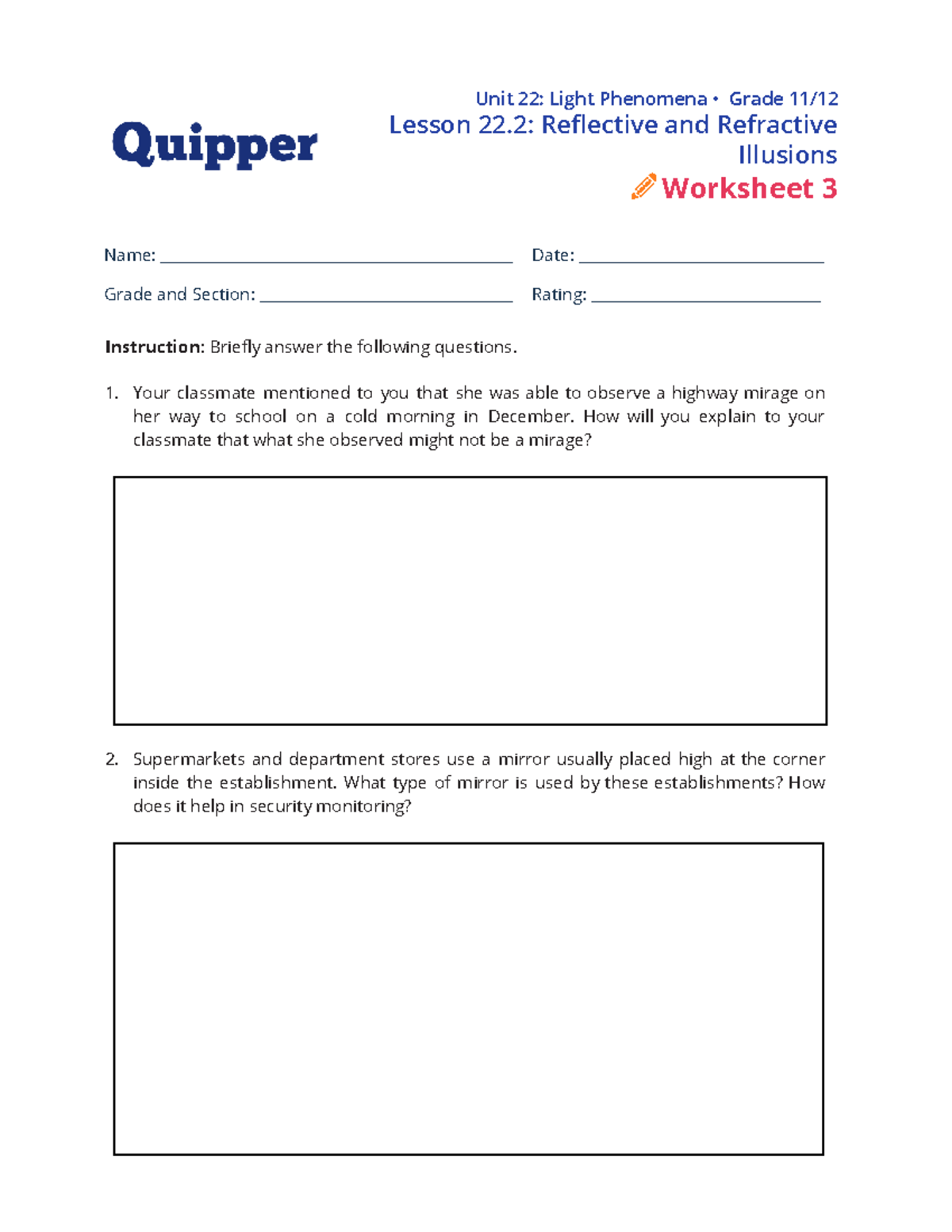 Physical Science 22.2 Worksheet 3 - Unit 22: Light Phenomena • Grade 11 ...