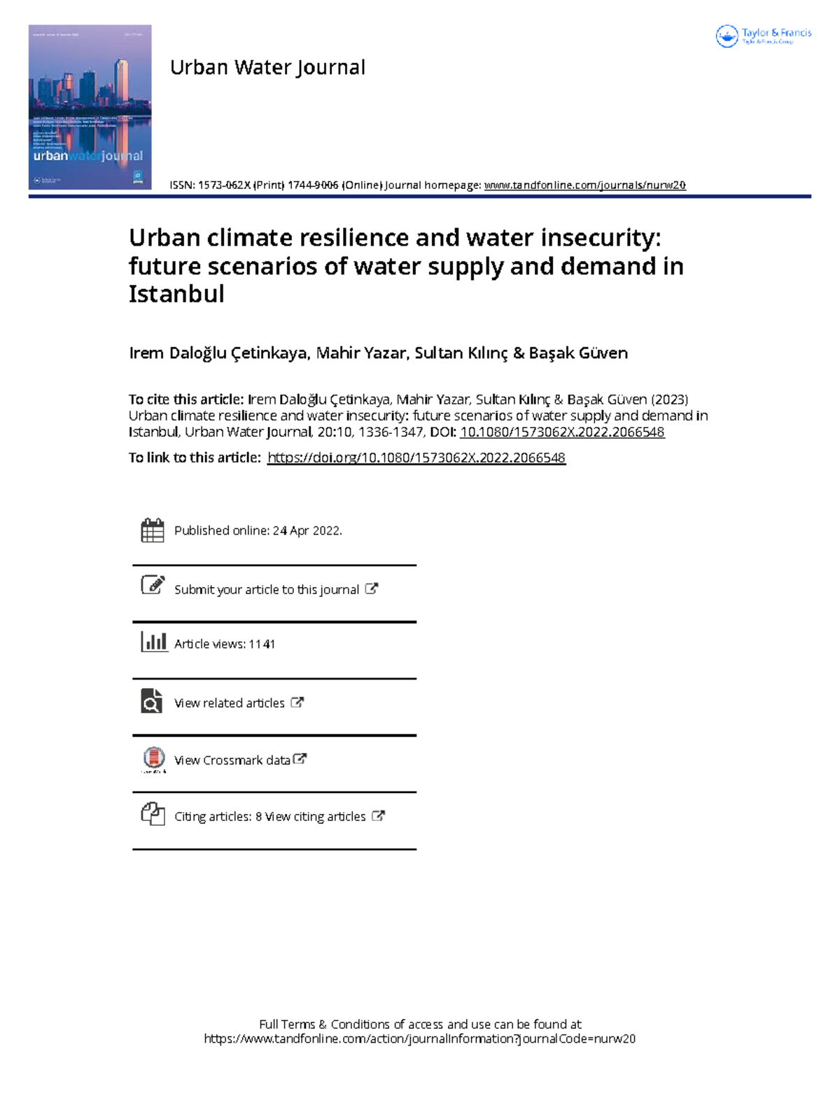 Urban Water Journal: Future Scenarios of Water Supply & Demand in ...