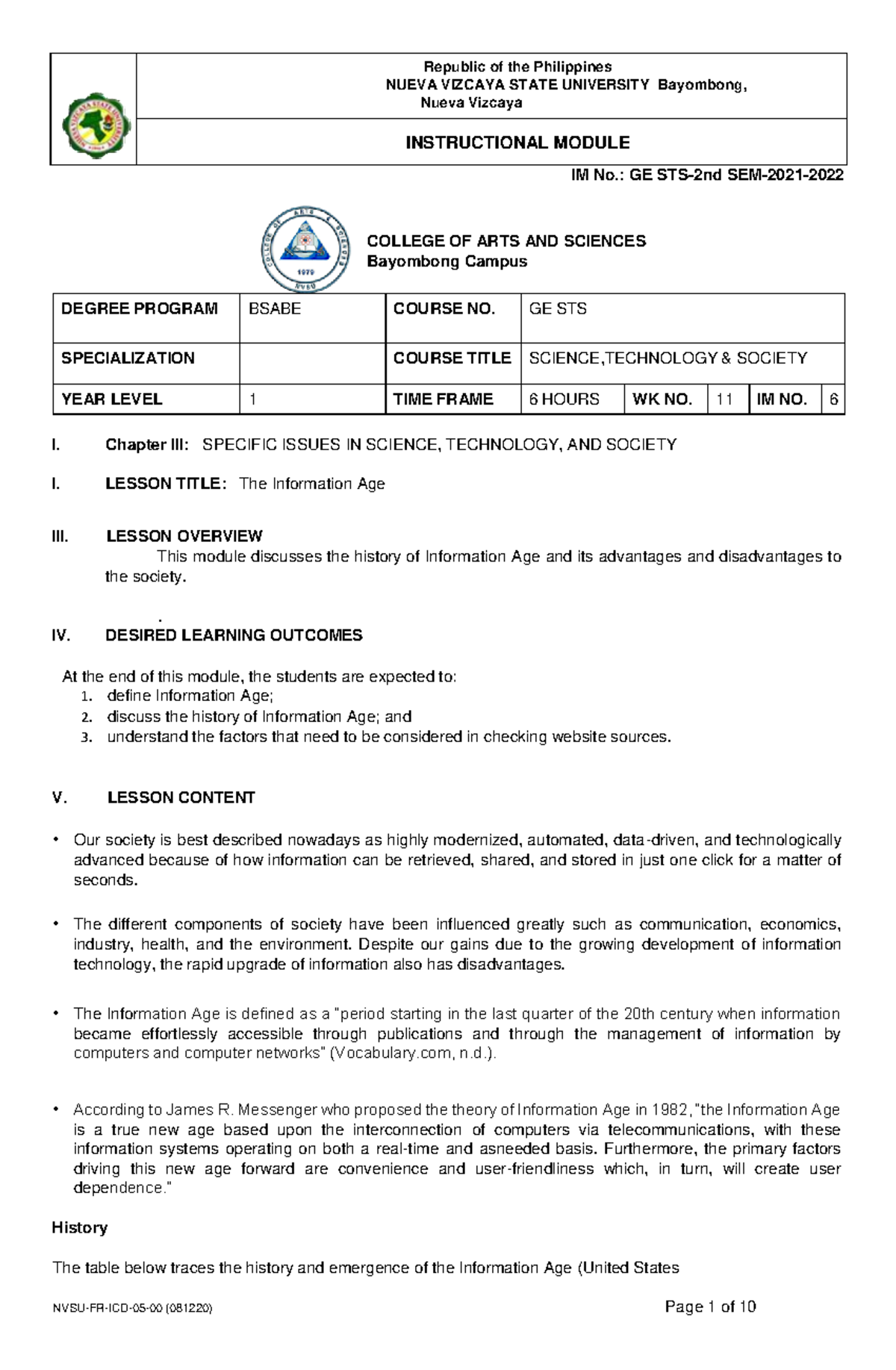 STS-Module-6 - Lecture notes - IM No.: GE STS-2nd SEM-2021- NUEVA ...