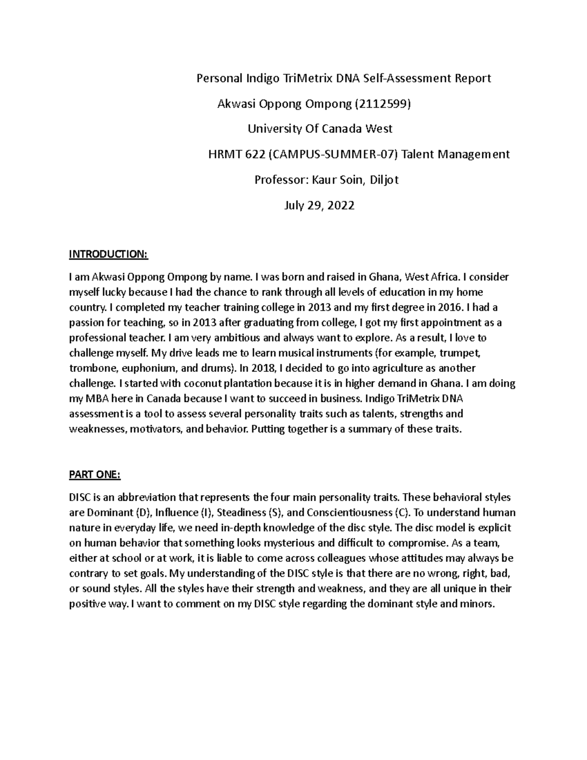 HRMT 622 Talent Management: Indigo TriMetrix DNA Self-Assessment - Studocu