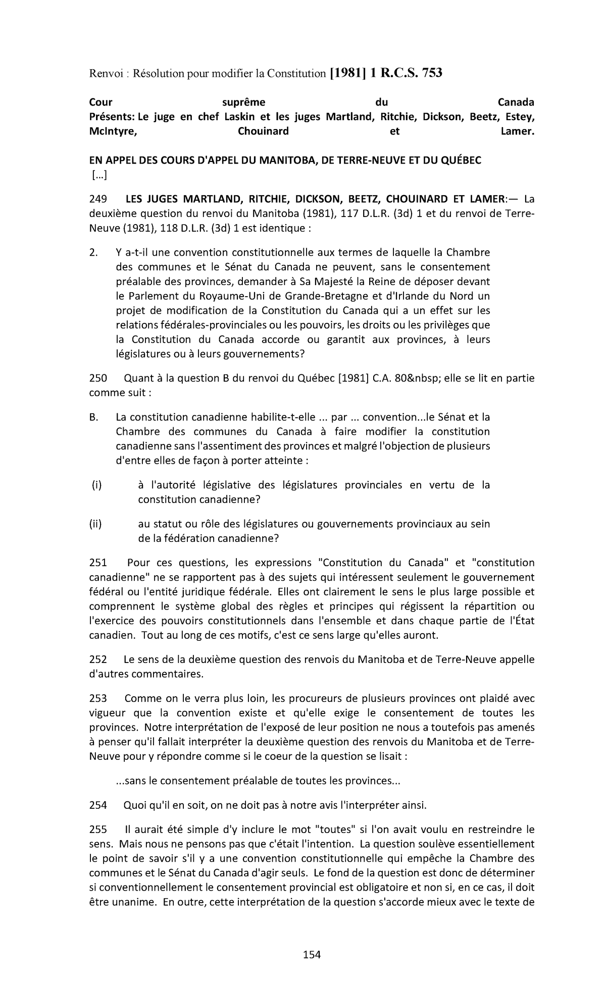 Renvoi : Résolution pour Modifier la Constitution 1 R.C.S. 753 - Studocu