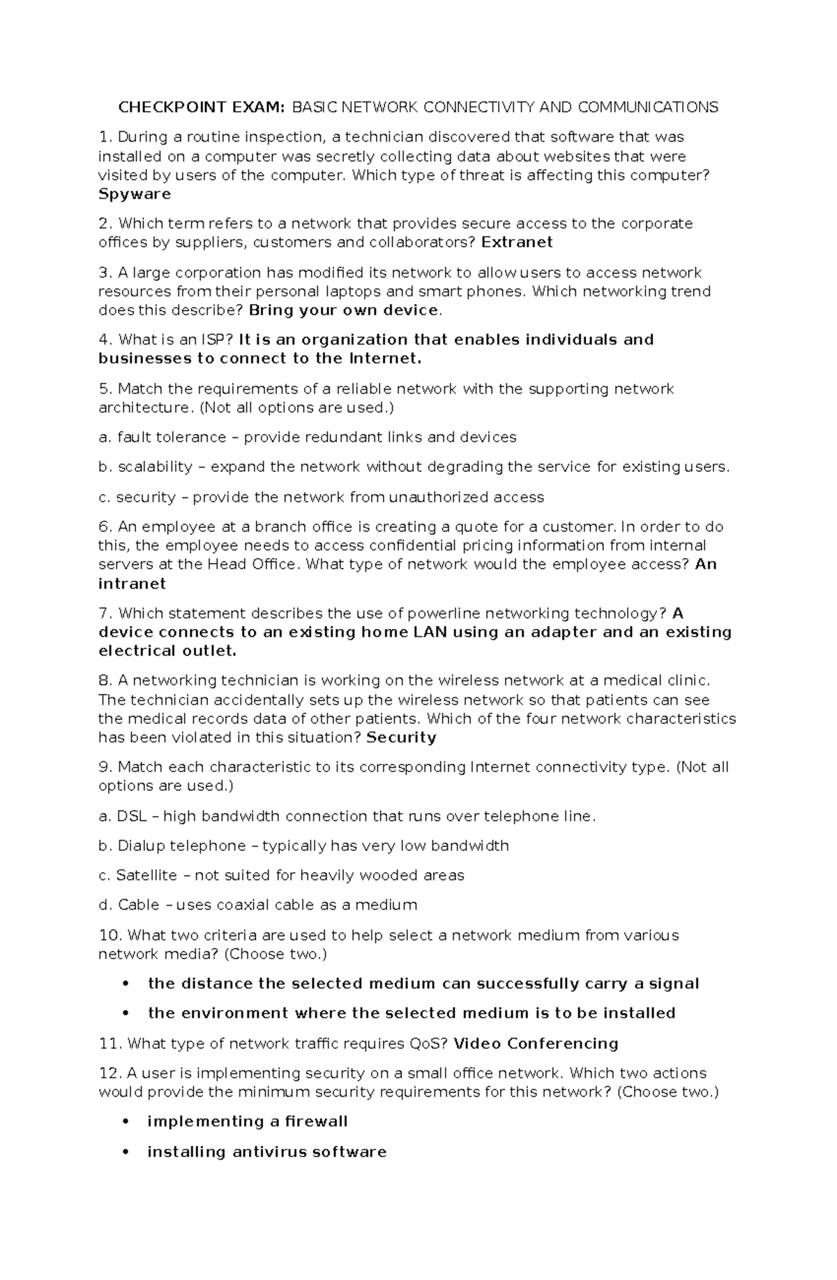Checkpoint Exam: Basic Network Connectivity and Communications (Cisco) - Studocu