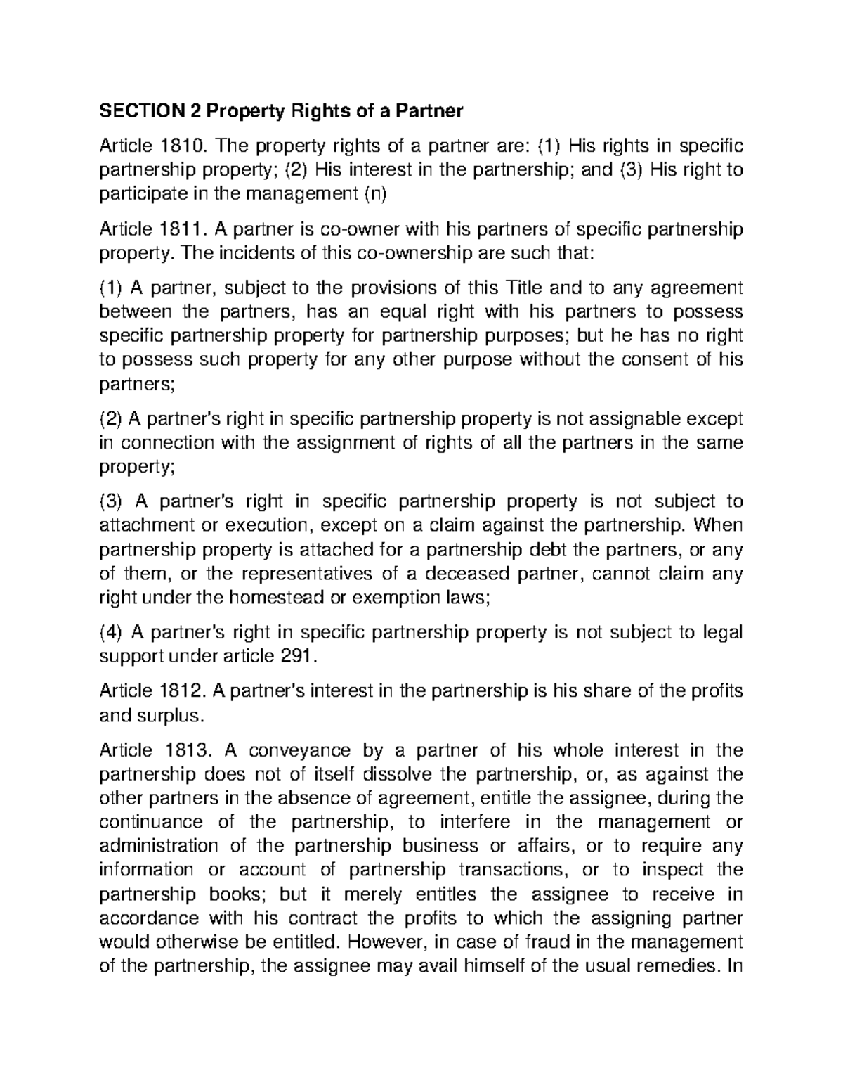 Property Rights of Partners under Articles 1810-1814 Explained - Studocu