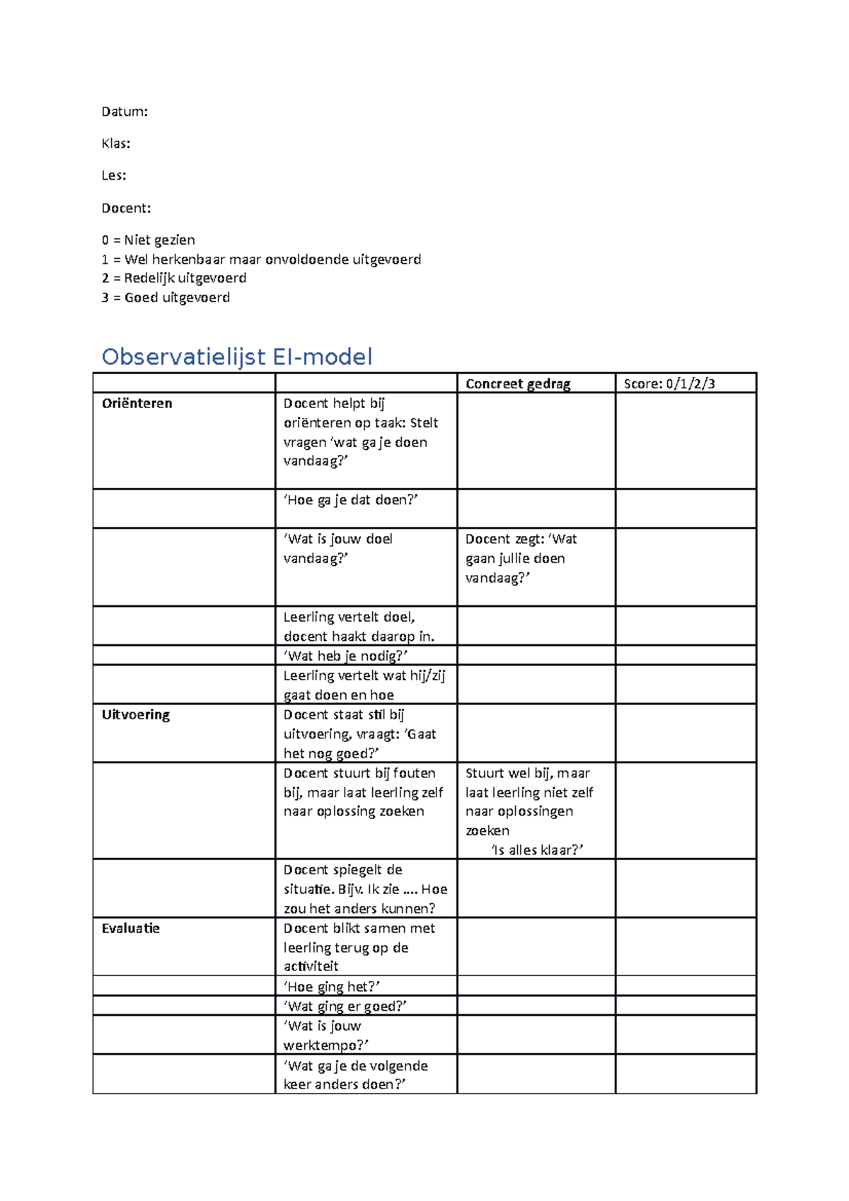 Observatielijst EI-model voor Lesobservaties en Evaluatie - Studeersnel