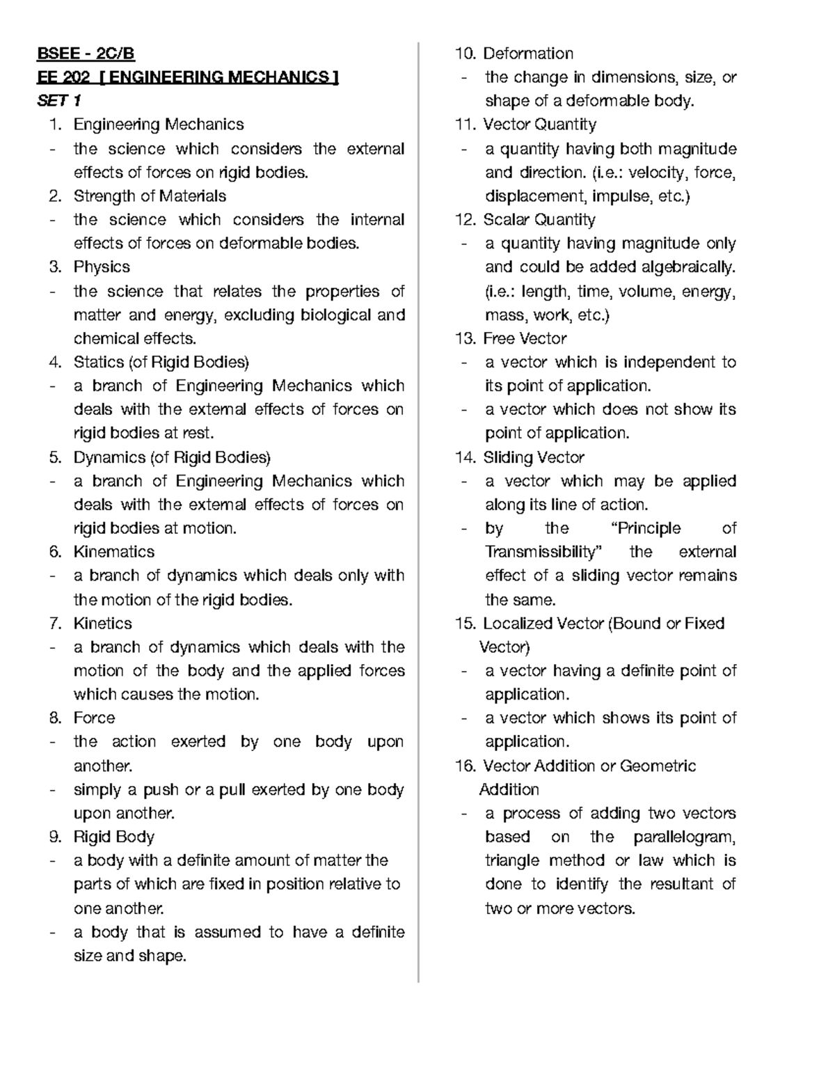 Engineering Mechanics - BSEE - 2C/B EE 202 [ ENGINEERING MECHANICS ...