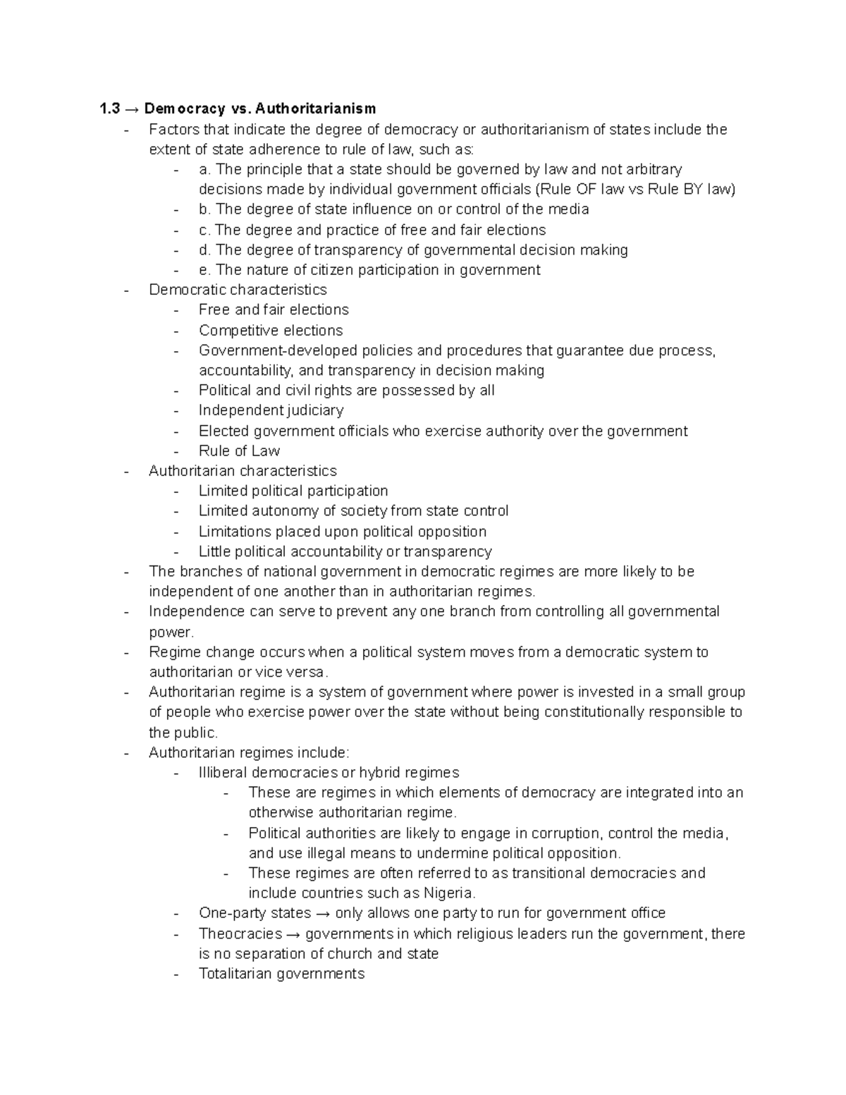 Comp Gov 1.3: Democracy vs. Authoritarianism Overview Notes - Studocu