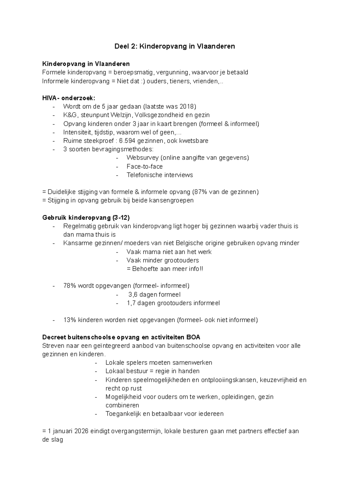 Deel 2: Formele en Informele Kinderopvang in Vlaanderen - Studocu